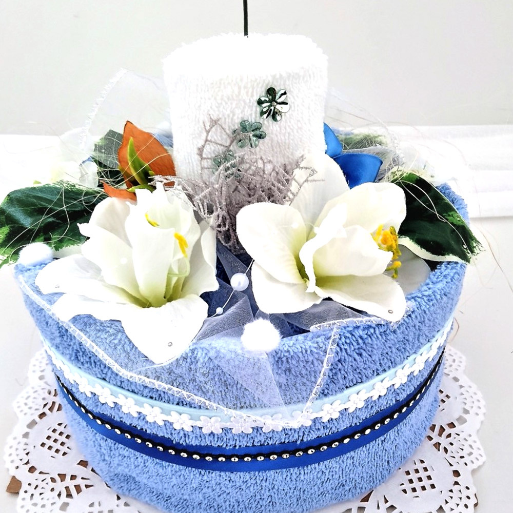 Textilní dort modrobílý - svíce a květiny